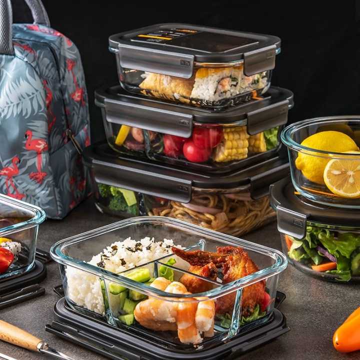 JX High Borosilicate Glass Round Storage Container Compartment Lunch ...