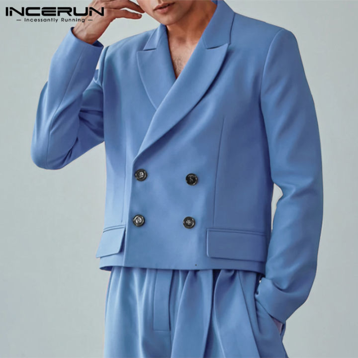 INCERUN Mens Long Sleeve Double Breasted Short Jackets Lapel Button ...
