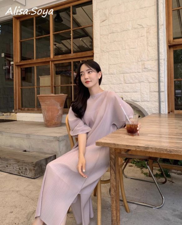 Alisa.sonya ชุดเดรสผู้หญิงย้อนยุคคอกลมชุดผู้หญิงแบบจับจีบหลวมเสื้อแฟน ...