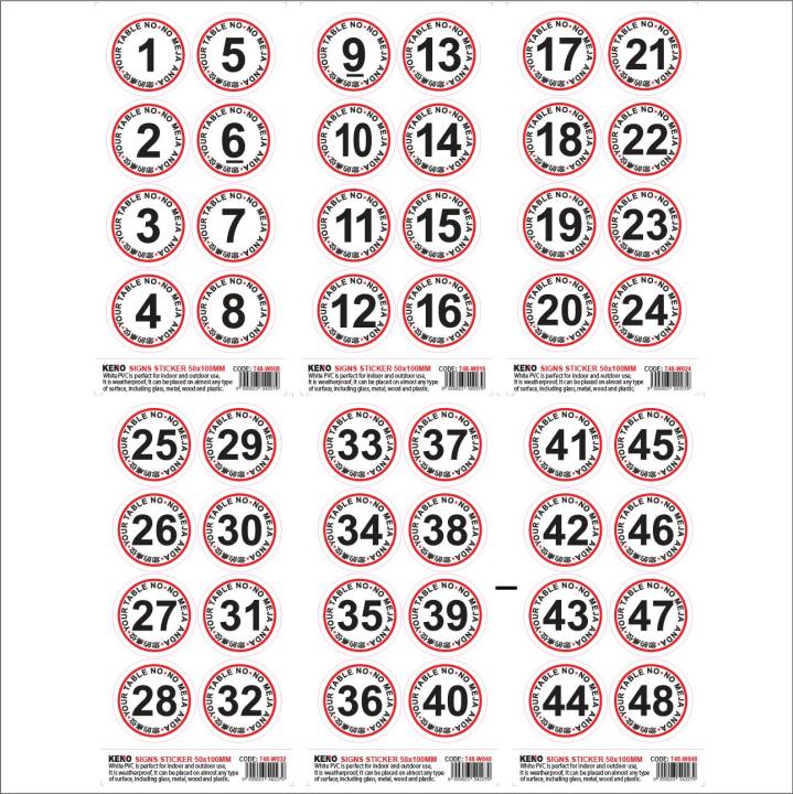 TABLE NUMBER STICKER WITH MATTE LAMINATED, NUMBER FROM 1 TO 48, 48MM ...