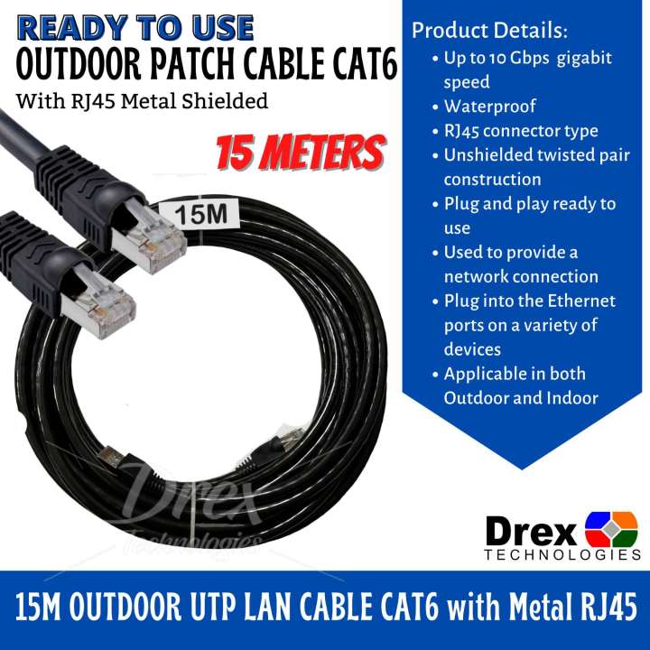 15M 15 Meters OUTDOOR UTP Lan Cable Cat6 w/ Metal RJ45 (Ready to Use ...