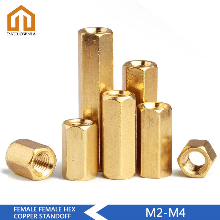 M2 M2.5สกรูคอลัมน์สเปเซอร์ทองเหลืองหกเหลี่ยมสกรูทองแดงแบบหัวแบนระยะห่างของสกรูตัวยึดความยาว3มม. ...