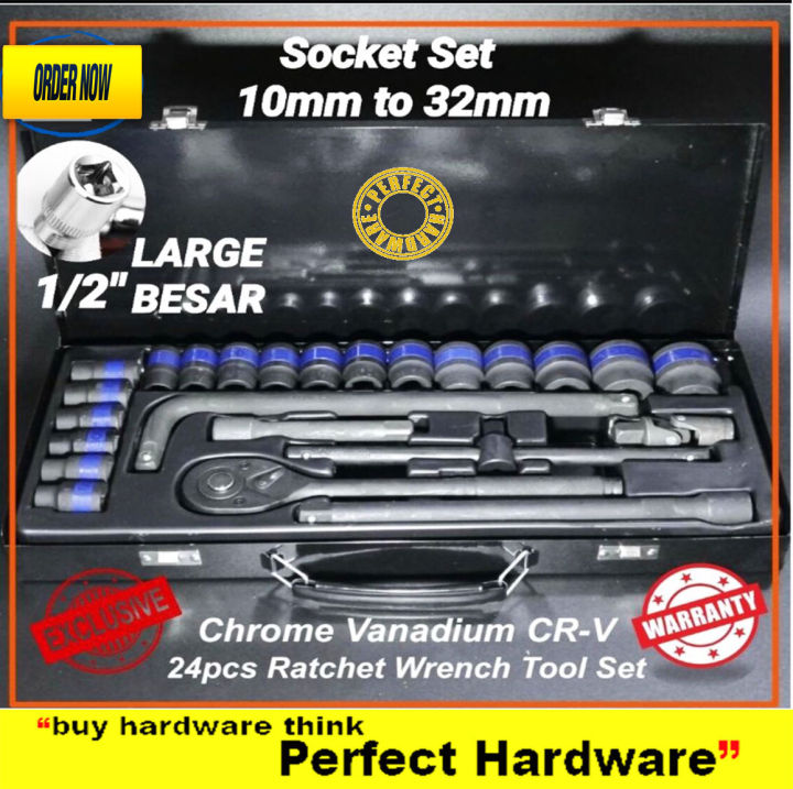 24Pcs 1/2'' Dr. Socket Wrench Tool Set Large Ratchet 6 Point Black CRV ...