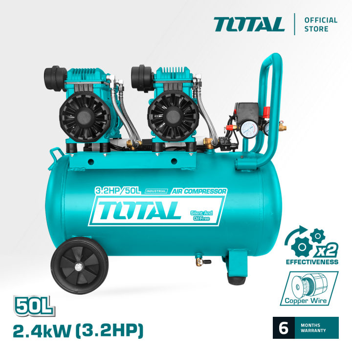 TOTAL Air Compressor (1200W, 3.2HP, 50L), Copper Wire Motor w/ Oil-free ...