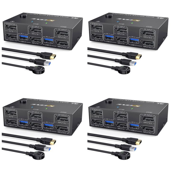 4 Set KVM Switch Dual Monitor DisplayPort, 4 USB3.0 for 2 Computers, 2 ...