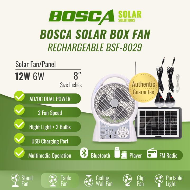 BOSCA Solar rechargeable BOX fan 8 inches with solar panel 6V 6W Desk ...