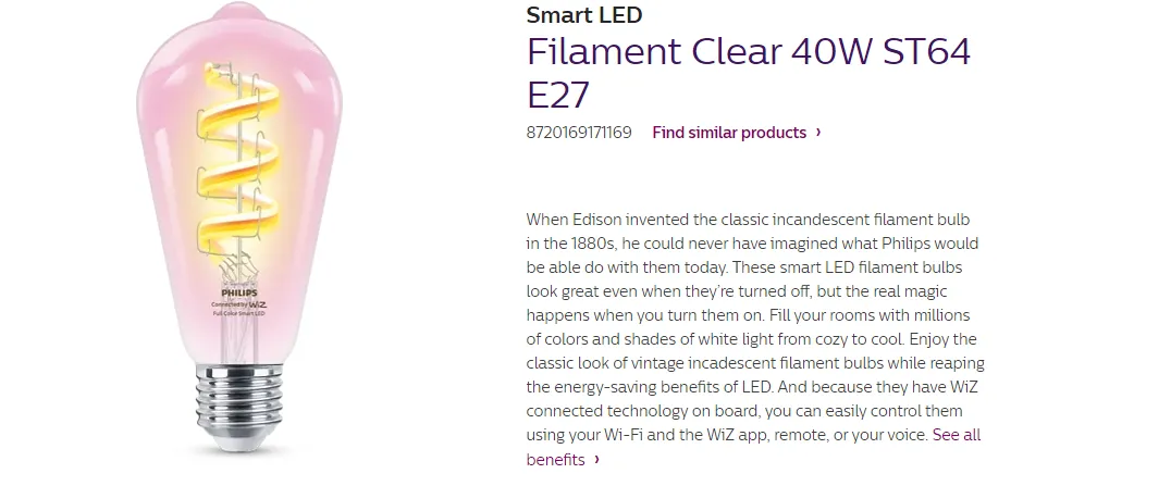 PHILIPS WIZ 6.3W 470LM ST64 E27 TUNABLE WHITE 2200K-6500K + RGB SMART ...