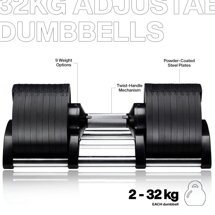 32kg Adjustable Dumbbell (PER PIECE) 9 Gear Levels | 2-32 kg (4.4 to 70.5 lbs) Per Dumbbell ...