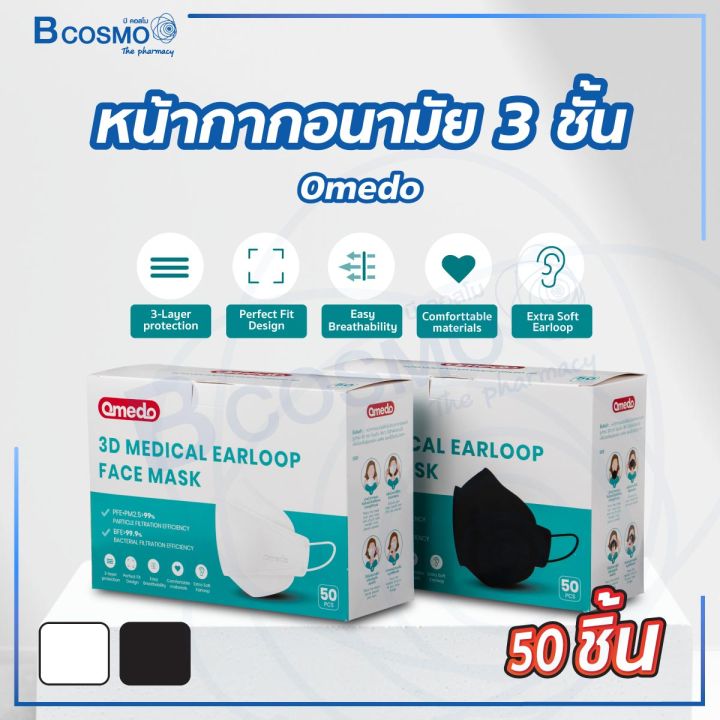 หน้ากากอนามัย 3 ชั้น Omedo [50 ชิ้น/กล่อง] 3D Medical Earloop Face Mask | Lazada.co.th