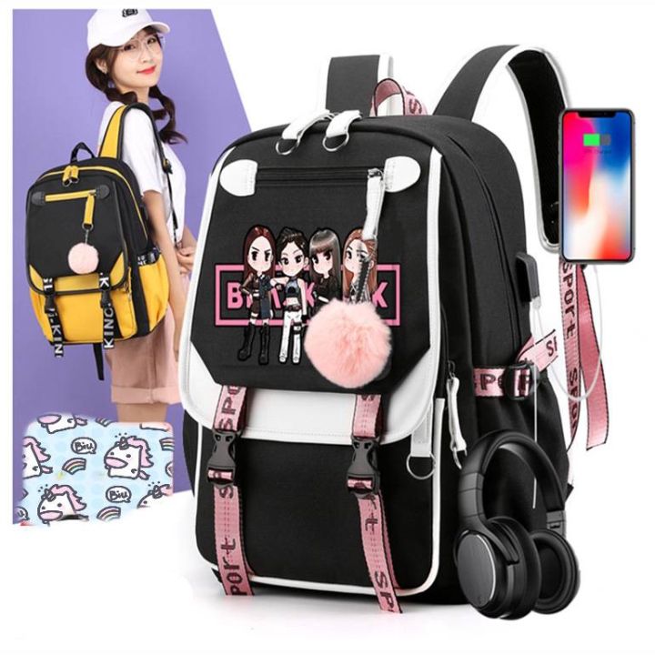 BLACKPINK Cartoon Women USB Backpack Student School Bag LISA JENNIE ...