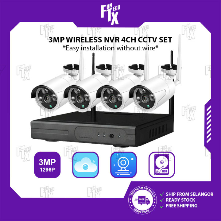FunTechX 4CH Wireless NVR CCTV 3MP H.265 Full HD 1296P Outdoor IP ...