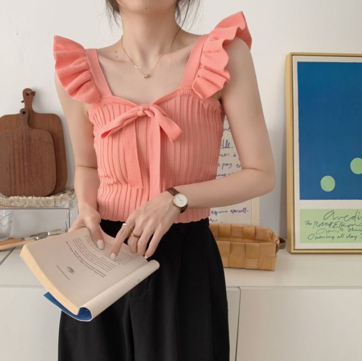 Ruffle Edge Tank Top Solid Color Bow Knot Tank Top Gentle French Style ...