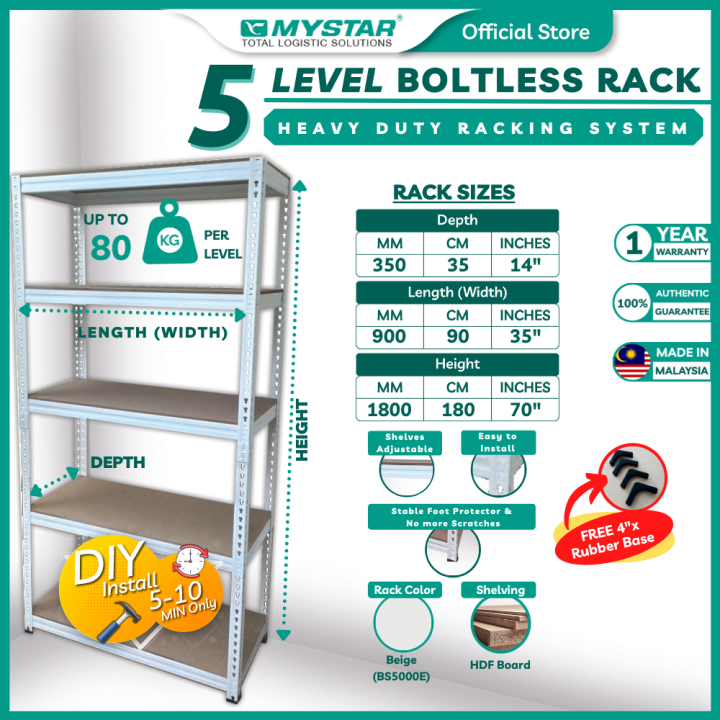 MYSTAR Full WHITE Boltless Rack 35 x 90 x 180 cm 5 Tier Rack 80Kg/Level ...