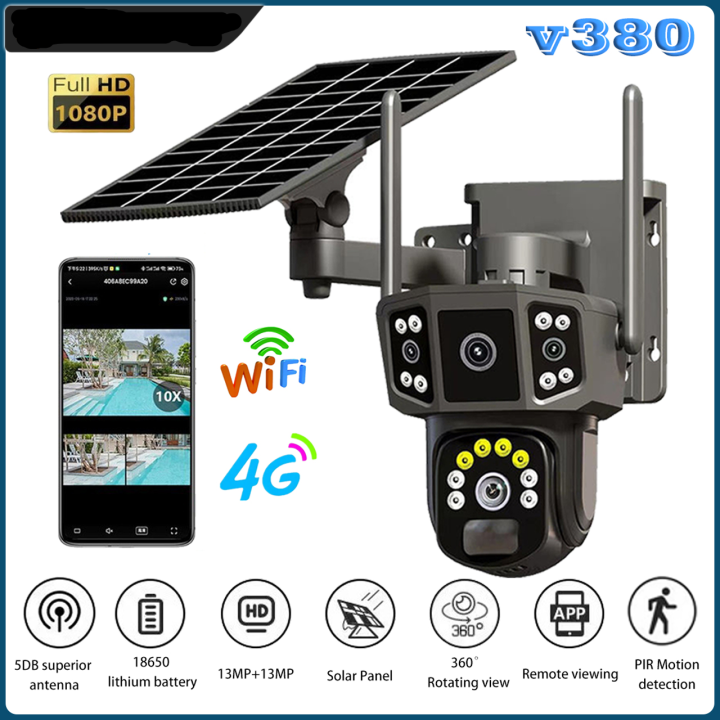 V380 12MP Solar Cell Camera Solar CCTV 3 lenses three-screen Night ...
