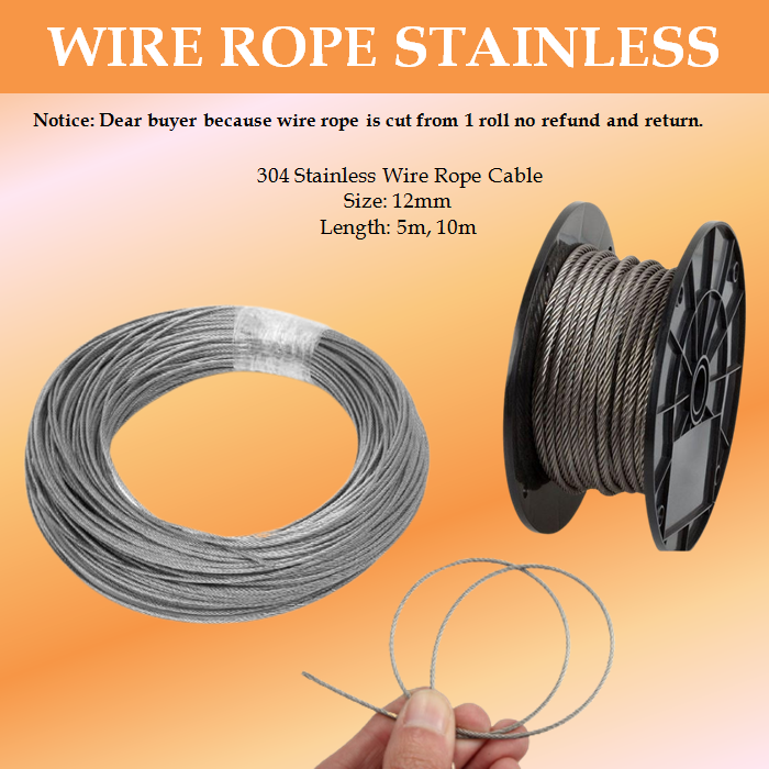 Ycaruz Lifting Supply 5m 10m Dia 12mm 304 Stainless Steel Wire Rope Cable Clip Silver Marine ...