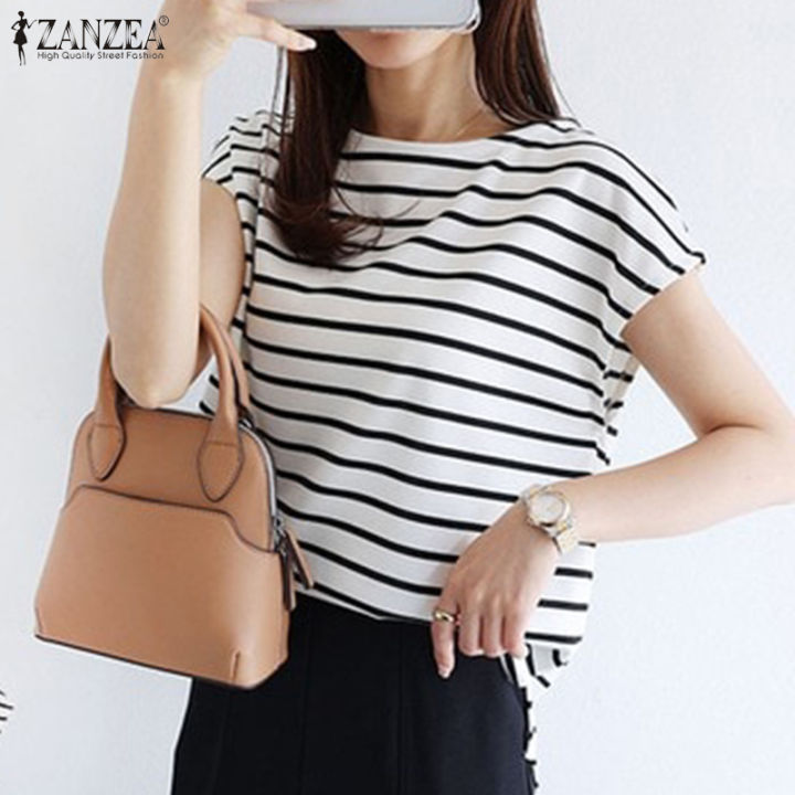 Zanzea Korean Style Women Boat Neck Short Sleeve Basic Top Stripe