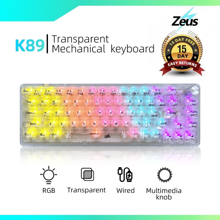 Zeus 60% Wired Transparent Mechanical Keyboard W/ Transparent Keycaps ...