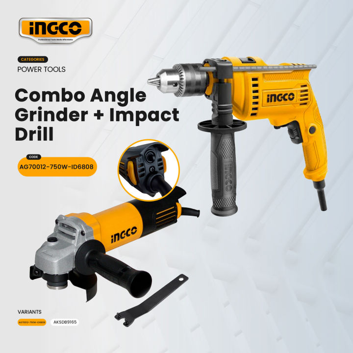Ingco 750W Angle Grinder with 680W Impact Drill Combo Power Tool Set ...