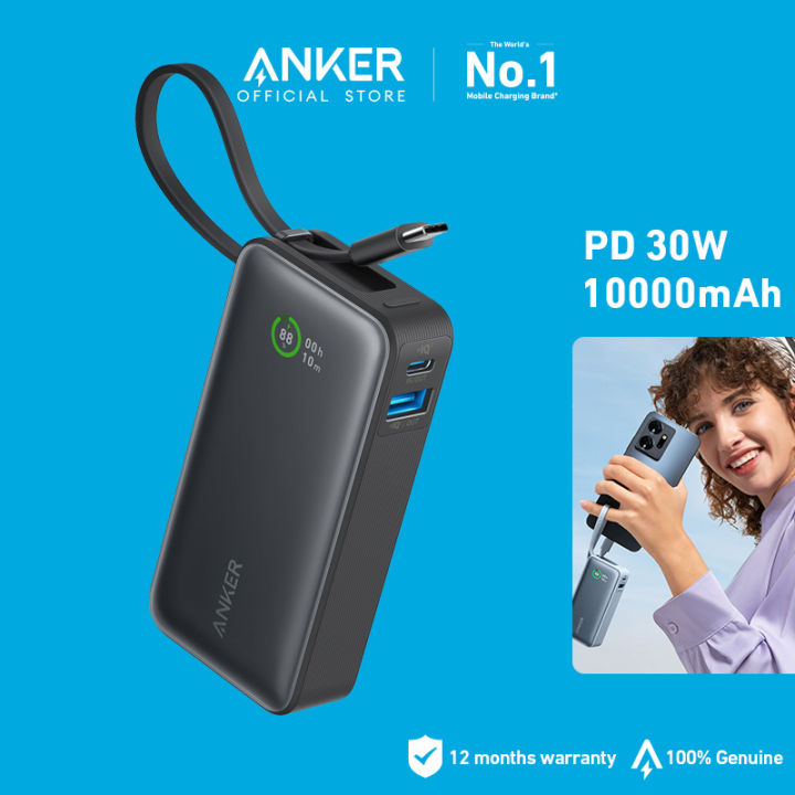 Anker Nano Power Bank, 10,000mAh Portable Charger with Built-in USB-C Cable, PD 30W Max Output ...