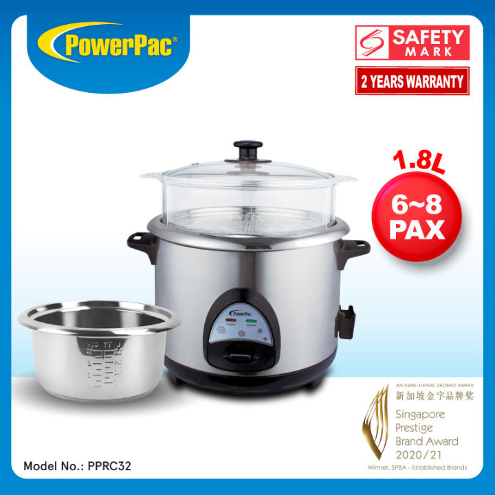 PowerPac Rice Cooker 1.8L, Rice Cooker with Stainless Steel Pot and ...