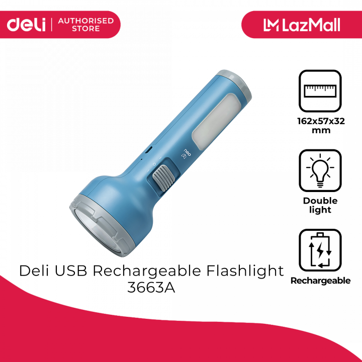 Deli USB Rechargeable Flashlight 3663A [793663A] | Lazada PH