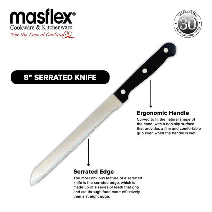 Masflex Stainless Steel 8 inch Serrated Knife L 32.4 cm x W 2.5 cm x H ...