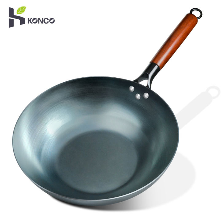 Konco 32cm/34cm seasoned wok Chinese tradition flat wok handmade iron ...