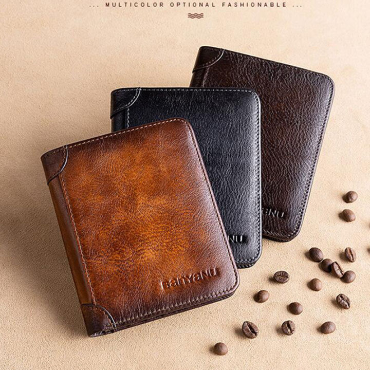BANYANU 100% Cow Genuine Leather Wallet Original Men Short Trifold Card ...