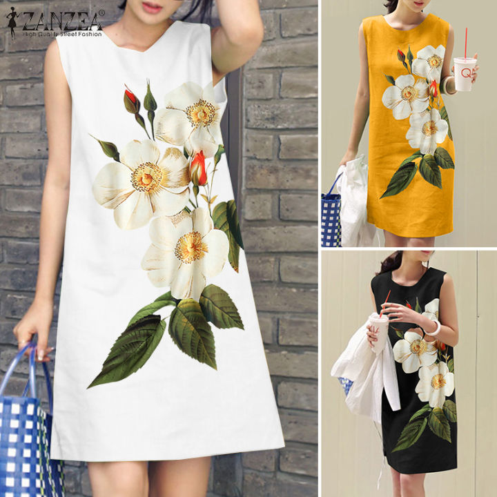 Esolo Zanzea Womens Floral Printed Knee Length Tank Dress Summer