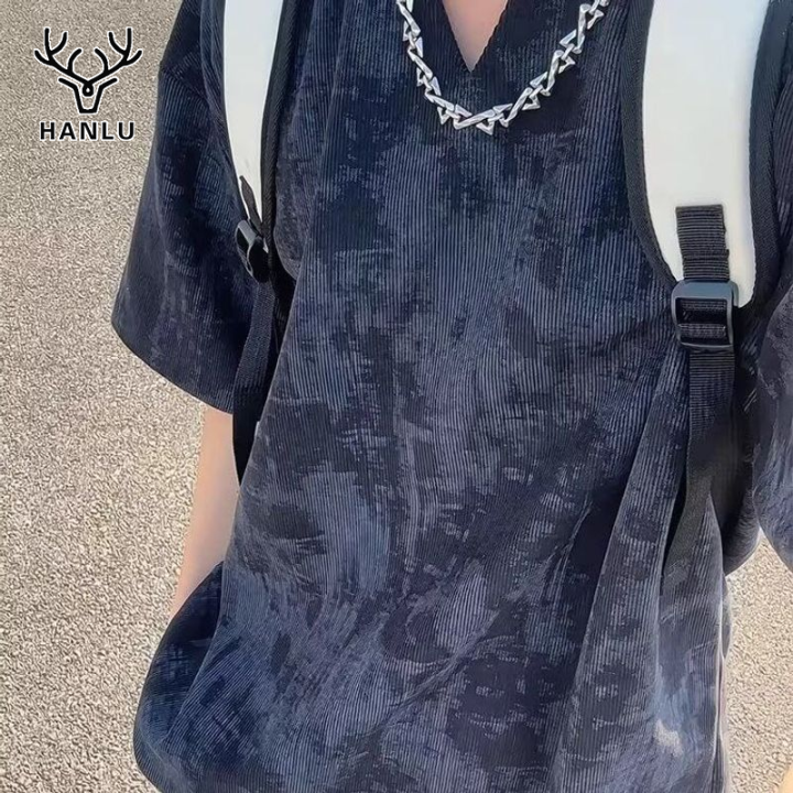 Hanlu เสื้อยืดคอวีมัดย้อมสำหรับผู้ชายแบบไม่สม่ำเสมอเสื้อยืดผู้หญิง ...