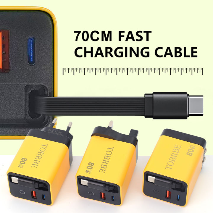 80W Quick Charging USB C Phone Chargers with Retractable Type-C Cable 2 ...