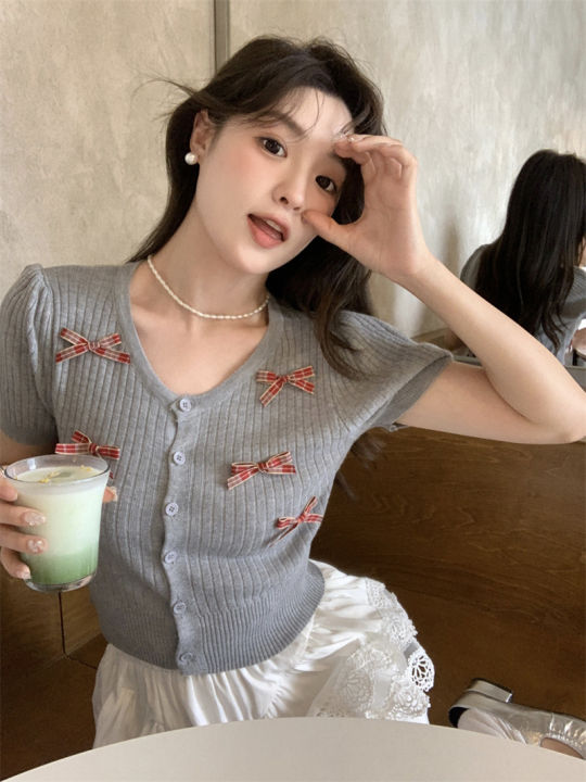 BUJIG พร้อมส่ง เสื้อยืด ไหมพรม แขนสั้น งานผ้าร่อง แต่งโบว์สุดน่ารัก ...