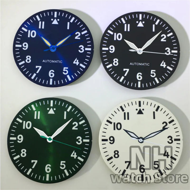 29mm pilot style watch dial with hands black green white dial C3 ...