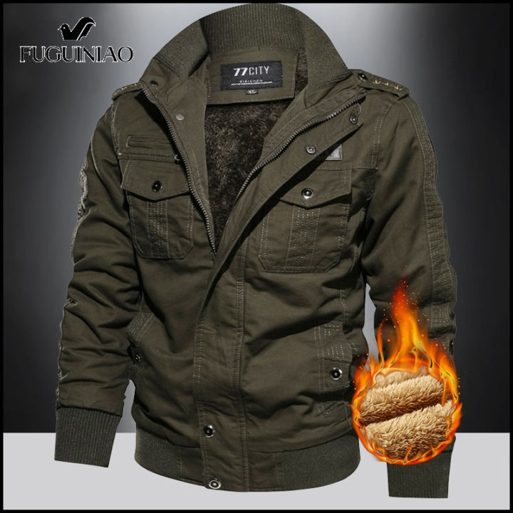 FUGUINIAO Men's Winter Jacket Outdoor Casual Cotton Coat Fleece Plush ...