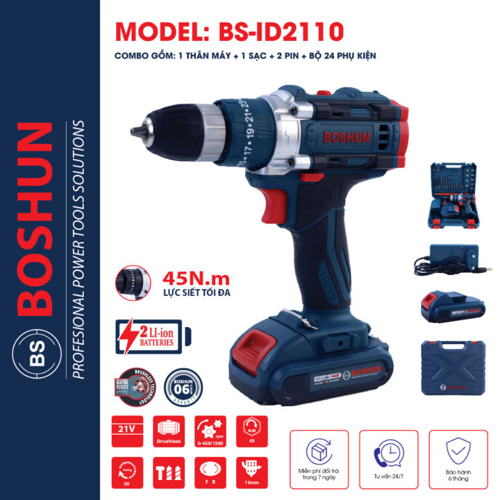 Máy khoan pin boshun 10mm BS-ID2110 động cơ KHÔNG CHỔI THAN - Khoan pin BOSHUN tặng kèm bộ phụ ...
