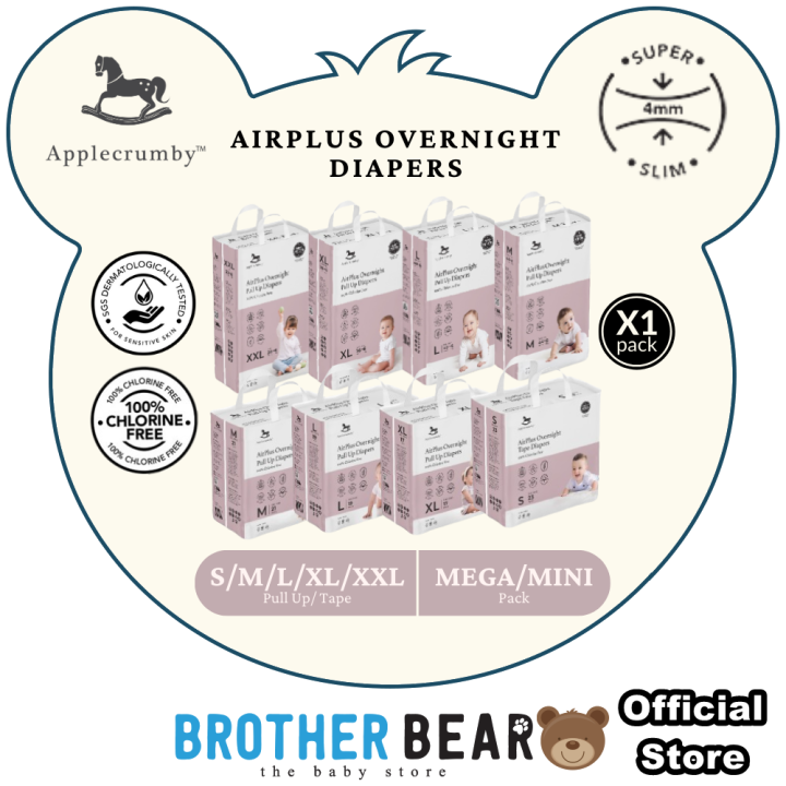 Applecrumby AirPlus Overnight Tape & Pull Up Diapers (Mega/Mini Pack ...