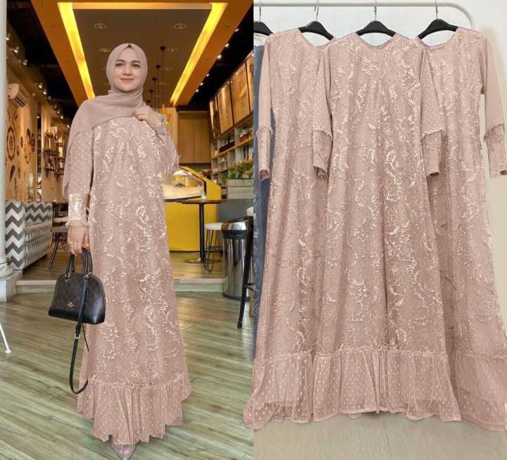 MAXI HUMAIRA GAMIS BROKAT TILE MUTIARA M-L-XL-XXL JUMBO / GAMIS BROKAT ...