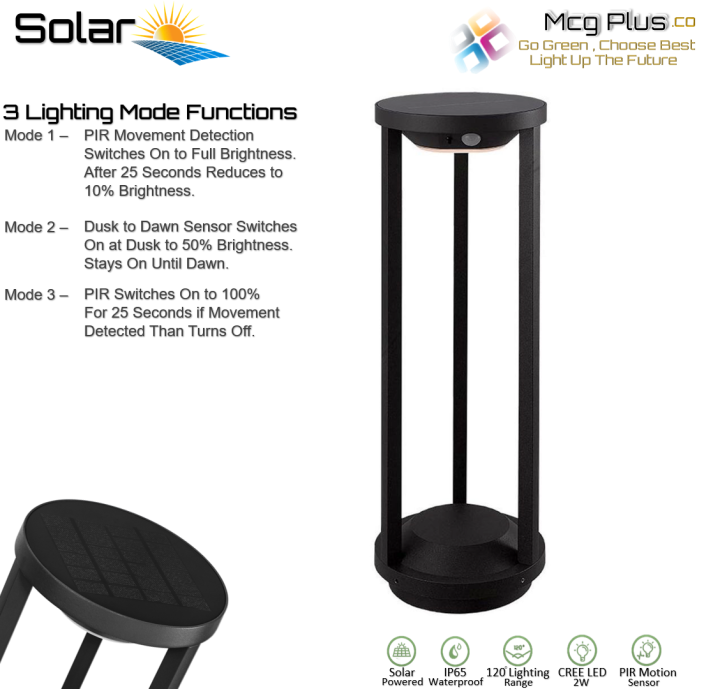 Solar Outdoor Garden Bollard Light With PIR Motion Sensor 3 Lighting ...