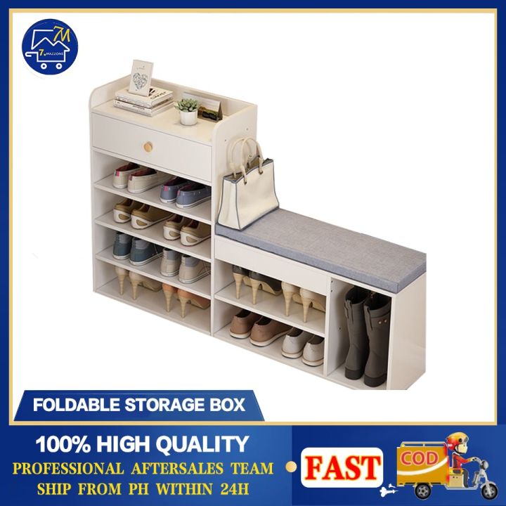 7 MAZZONE Nordic Wooden L-shaped Shoe Cabinet With Shoe Stool With ...