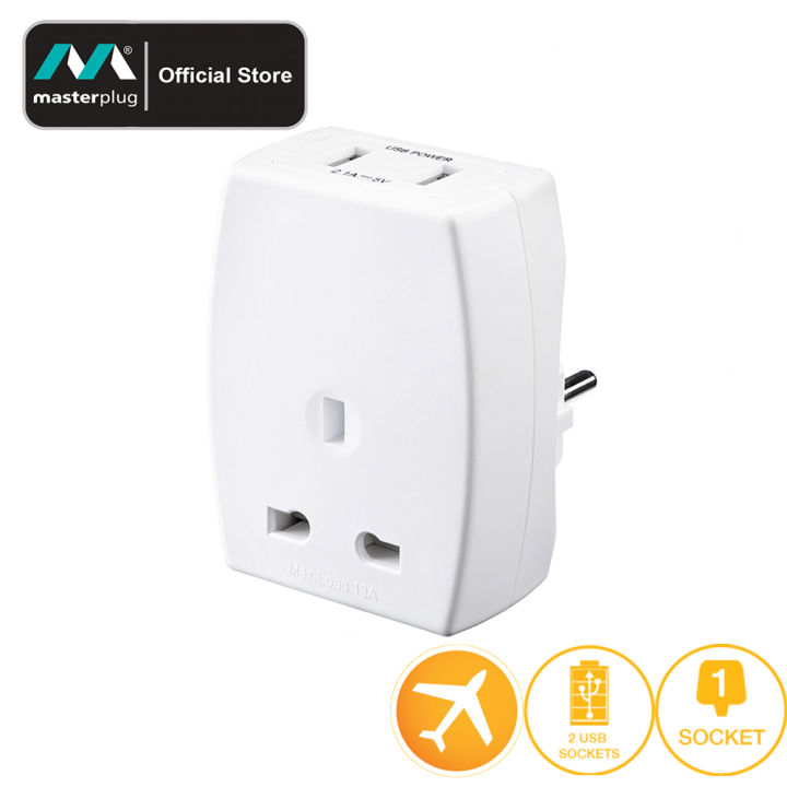 Masterplug Travel Adaptor with 2 USB (2.1A) UK / Malaysia to Europe ...