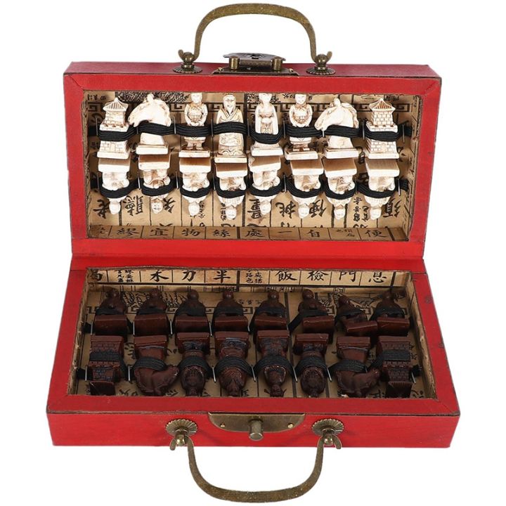 Chinese Wood Leather Box with 32 Pieces Terracotta Figure Chess Set ...