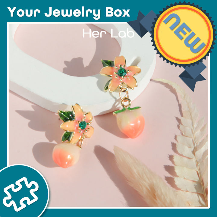 Her Lab Jewelry | Enamel Crystal Flower 3D Fruit Peach Earbob Dangle ...