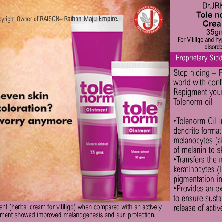Dr.JRK’s Tolenorm Cream 35gm For Vitiligo and hypopigmentary disorders ...