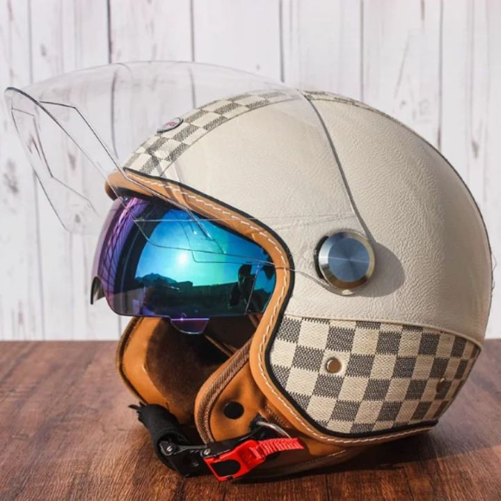 White Checkerboard Retro 3/4 Open Face Half Motorcycle Helmet Adult ...