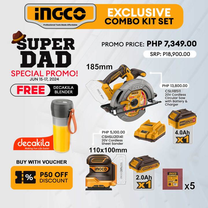 INGCO 3pcs Combo Kit Cordless Circular Saw & Sheet Sander with Portable ...