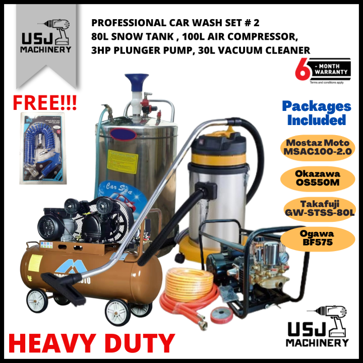 PROFESSIONAL CAR WASH SET # 2 80L Snow Tank, 100L Air Compressor, 3HP ...