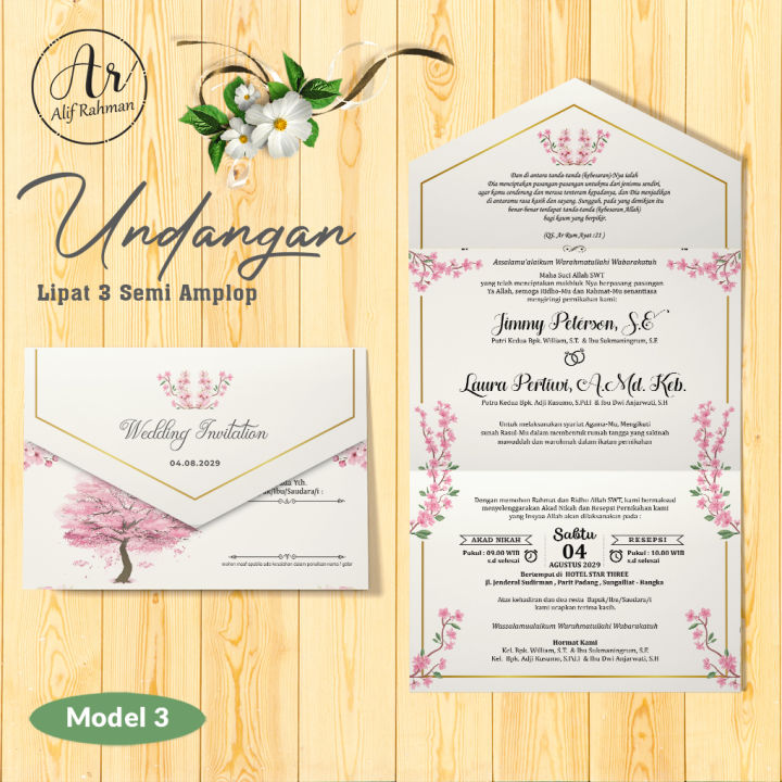 (isi 50 Pcs) Undangan Pernikahan Lipat 3 jasmine gliter Model 3 Vintage ...