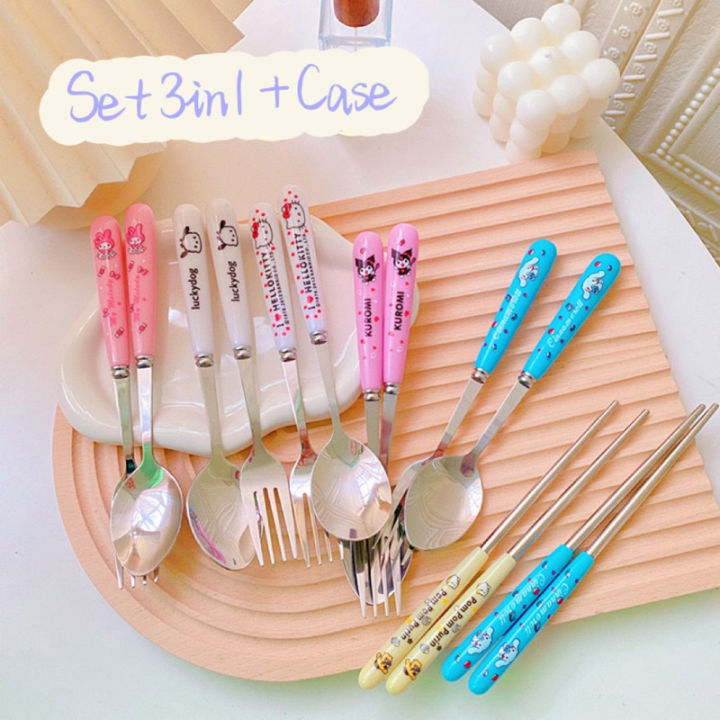 Sendok Garpu Sumpit Set 3in1 Hello Kitty Melody Kuromi | Sendok ...