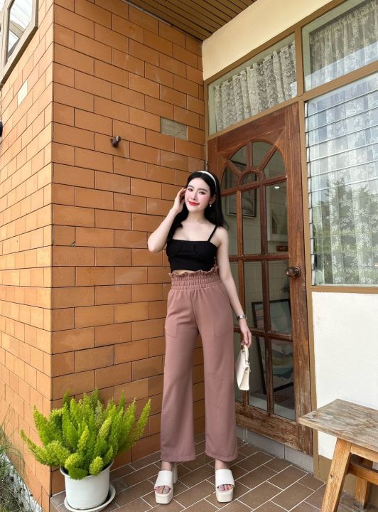 กางเกงขายาวเอวสูง ผ้าวูลเวฟ ผ้านิ่ม ใส่สบาย(A1113) | Lazada.co.th