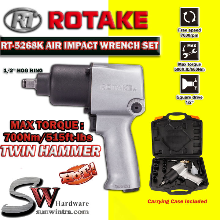 ROTAKE 1/2" TWIN HAMMER HEAVY DUTY HOG RING AIR IMPACT WRENCH RT-5268K COME WITH 8x IMPACT BOX ...